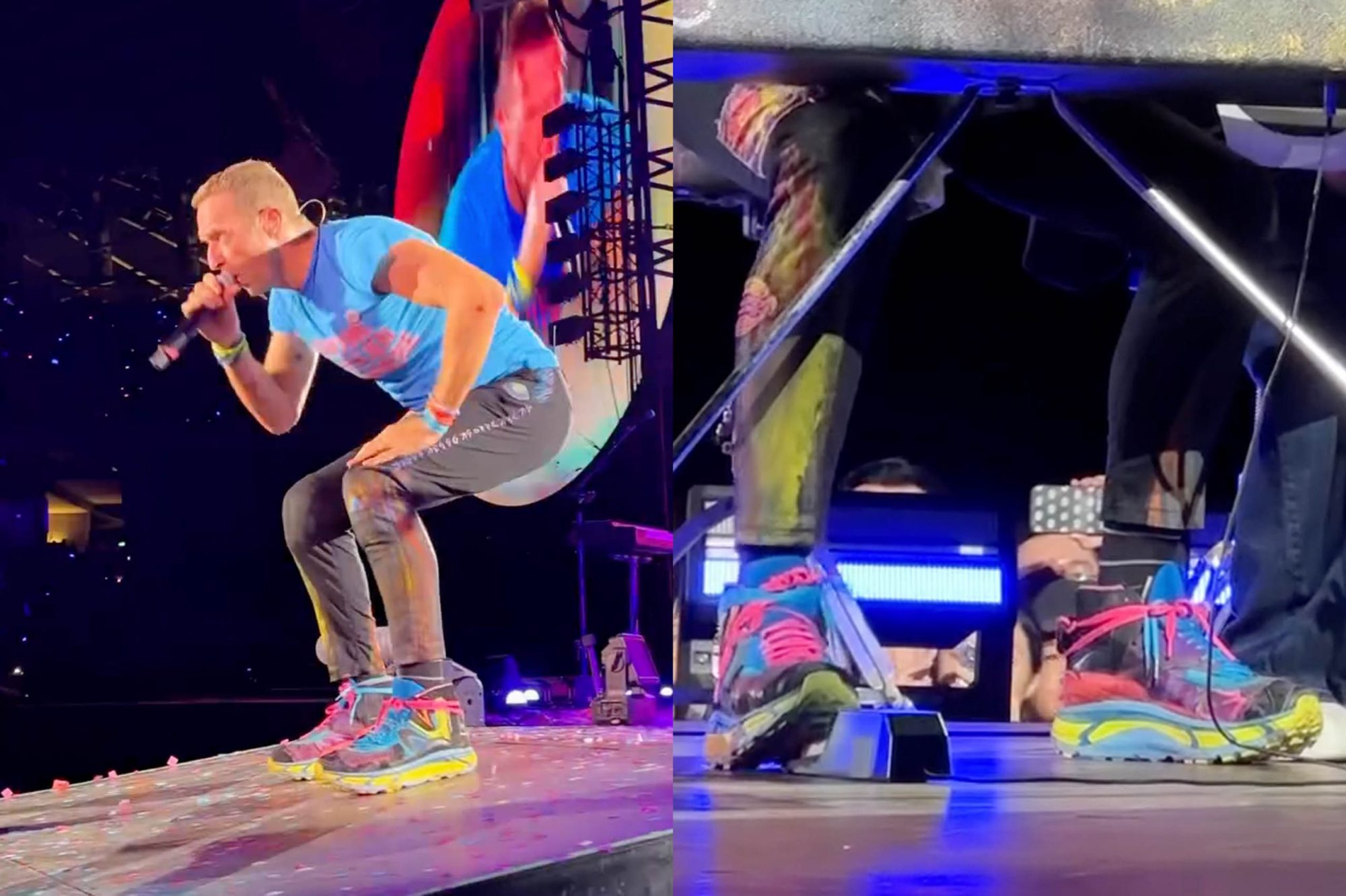 Coldplay 主唱 Chris 演唱會穿的那雙 HOKA 彩虹鞋，原來和巡迴主題精神不謀而合 - KEEDAN.COM